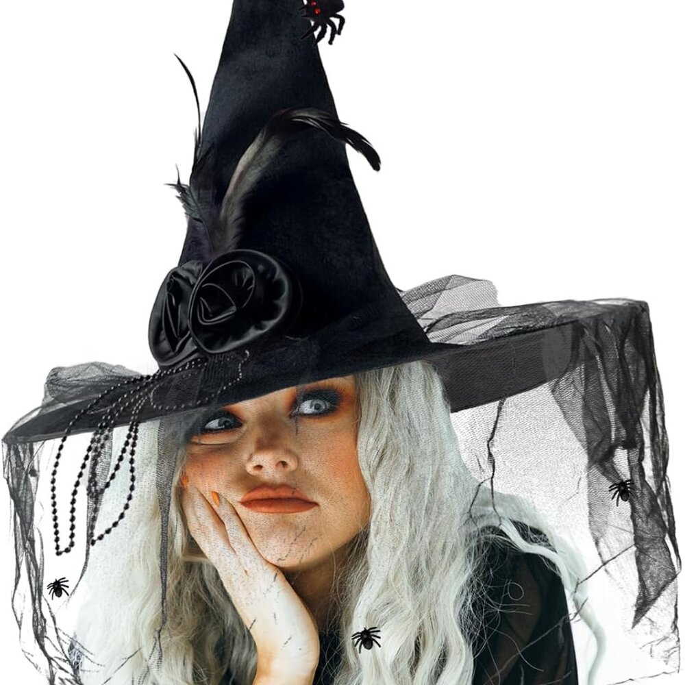 Witch Hat With Black Veil Flower Feather Black Hallow… - Gem